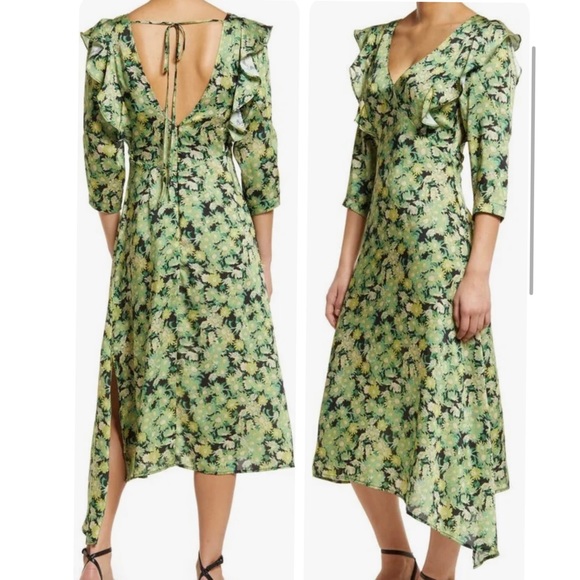 Topshop | Dresses | Topshop Asos Green Floral Satin Frilly Asymmetrical ...